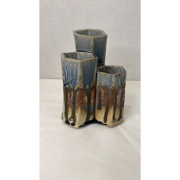 Unknown | Art | Vintage Art Pottery Triple Bud Vase Blue Drip Glaze 65 ...